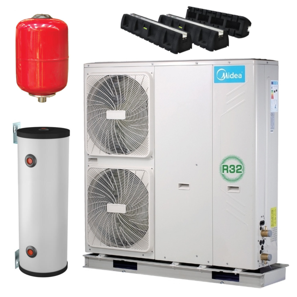 Pompa de caldura aer-apa monobloc, Midea 30 kW, incalzire/racire, trifazata, suporti, acumulator ...